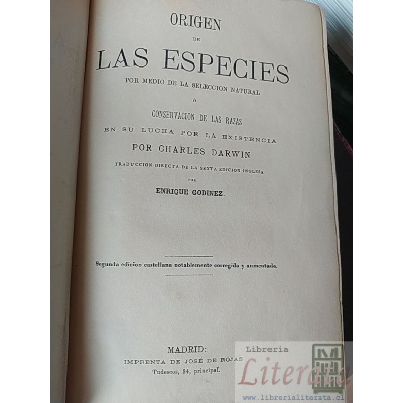 Origen de las Especies Charles Darwin Antigüedad empastada Imprenta de ...